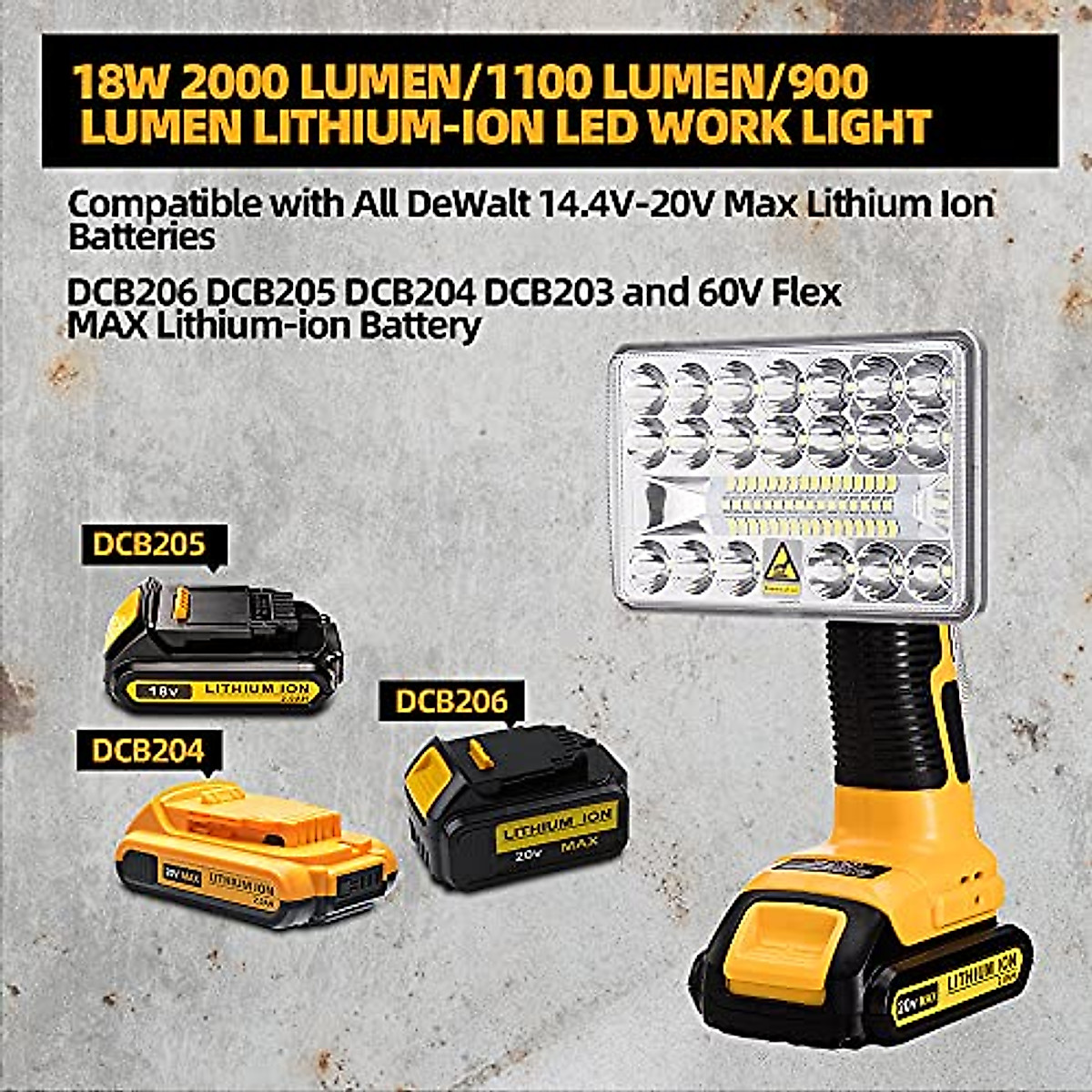 WaxPar 2000LM 20V Light for Dewalt 20V Tools Lithium-ion Battery, 18W Flashlight Replacement for Dewalt Light Spotlight with USB Port Zinc Alloy Head for Power Failure, Camping, Outdoor, Indoor