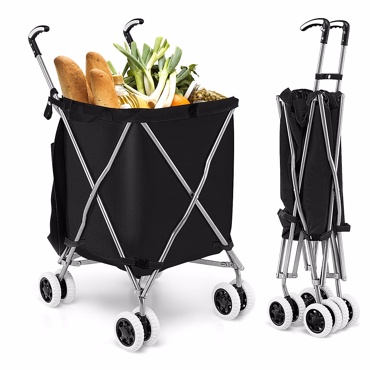 COSTWAY Folding Shopping Cart, Portable Grocery Cart on Wheels with Removable Waterproof Oxford Cloth Liner, Transport Up to 120 Pounds, Lightweight Utility Cart for Groceries, Laundry (Black)