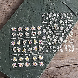 3D Embossed Spring Flower Nail Art Stickers Decals 4 Sheets 5D Self-Adhesive Pegatinas Uñas Pink Cherry Blossoms Floral Nail Supplies Nail Art Design Decoration Accessories