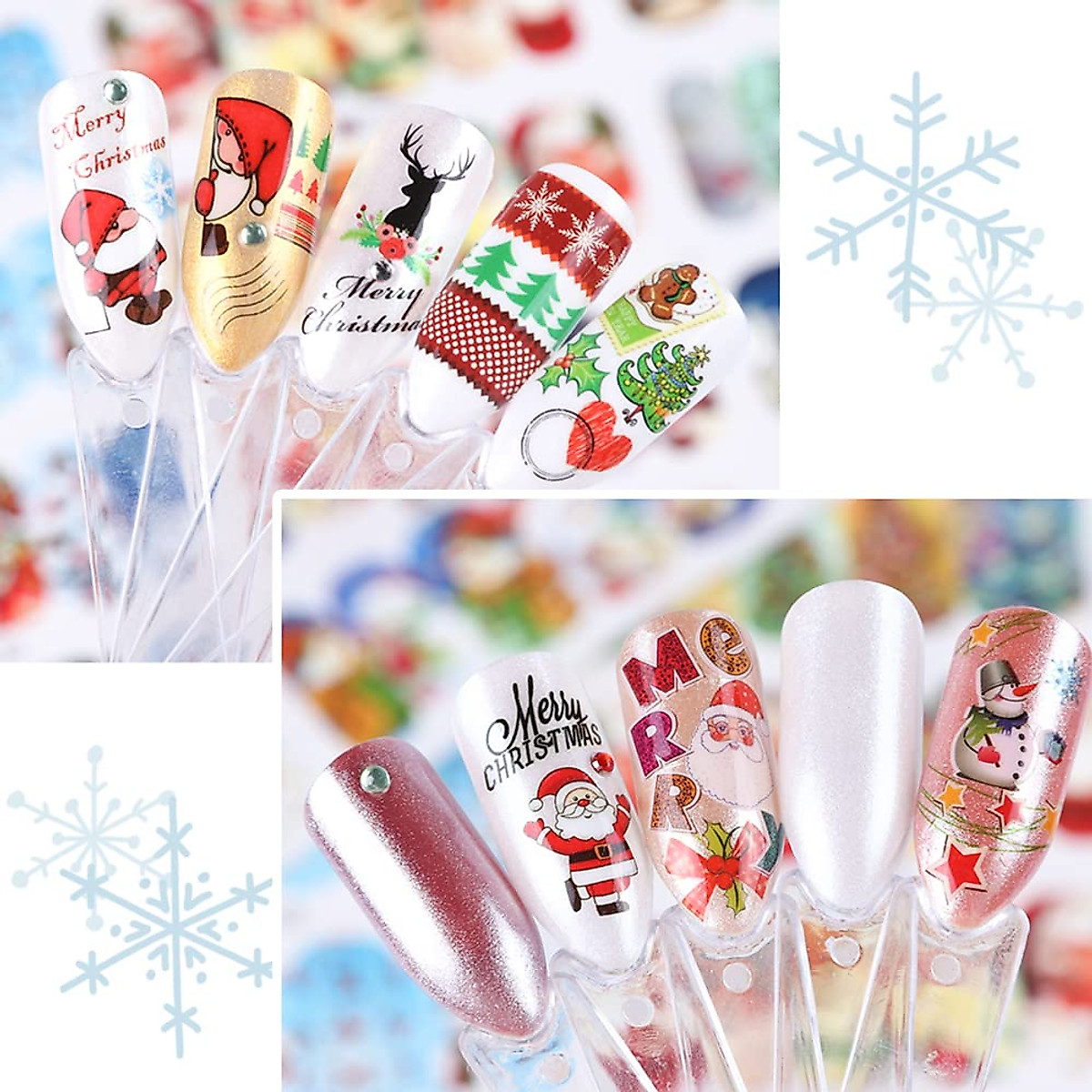 Christmas Nail Art Stickers, Snowflake Nail Decals Water Transfer Winter Nail Stickers Colorful Snowflake Santa Claus Snowman Bell Xmas Tree Sock Elk Nail Tattoo Stickers for Women Girls Kids (12