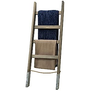 MyGift Vintage Solid Wood Leaning Towel Rack Blanket Ladder with 4 Rung, Farmhouse Bathroom Towel Drying Rack with Decorative Rustic Galvanized Silver Metal Legs and Rope Décor