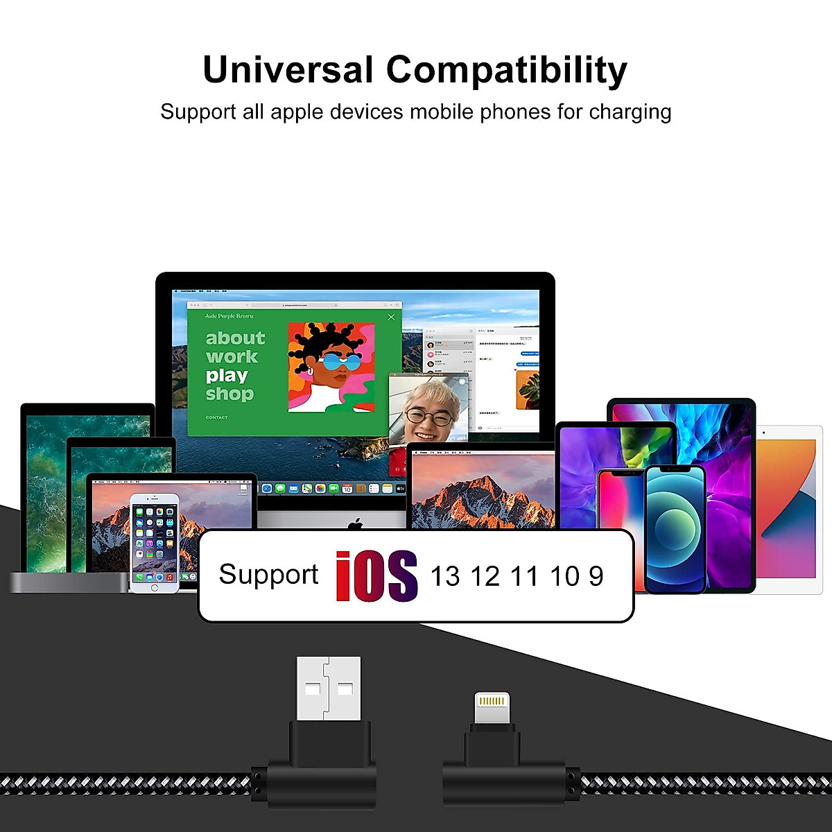 FOXSEA 3FT 90 Degree Lightning Cable MFi Certified Fast Charging Cord (Black&White) 3Pack