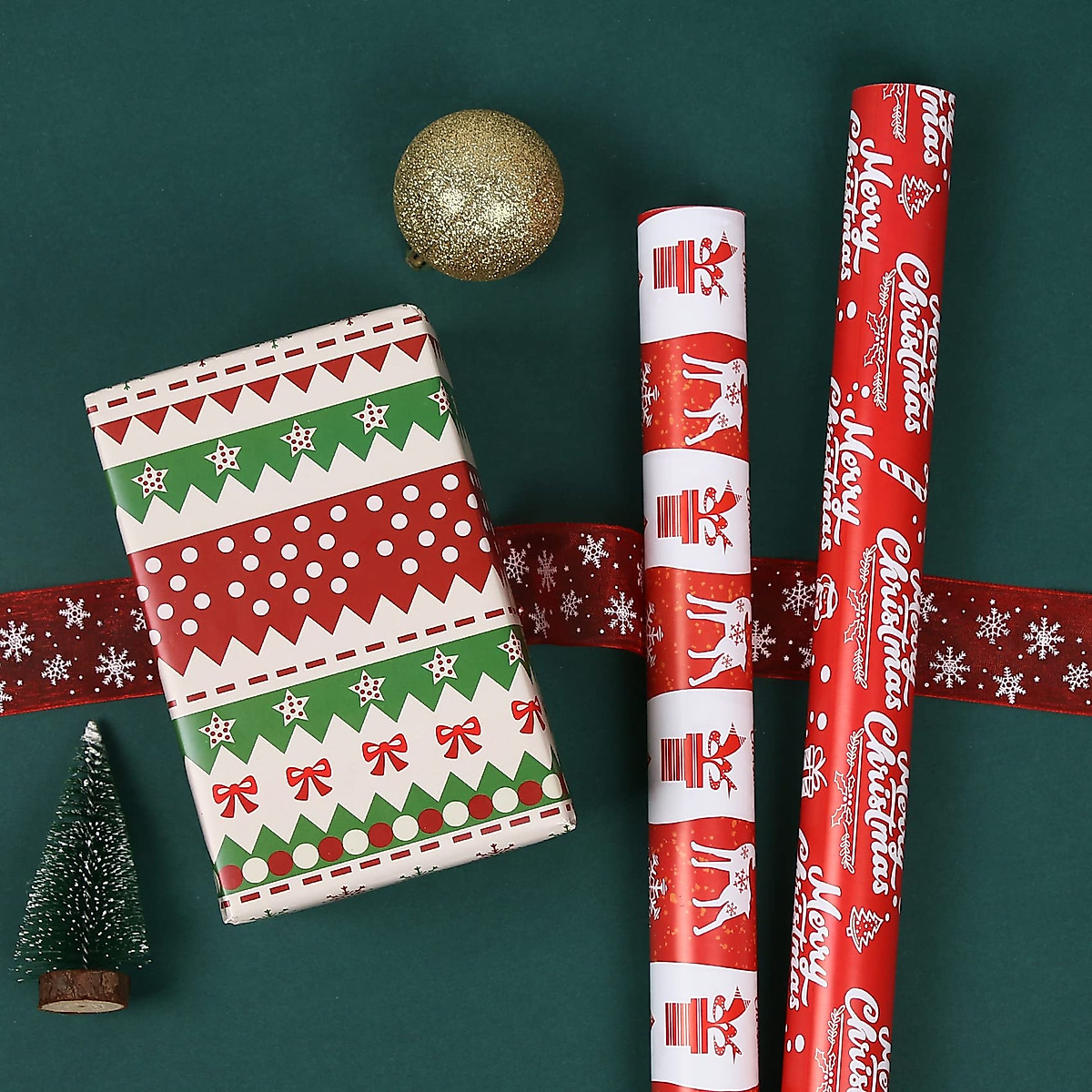 Aimyoo Vintage Red Green Christmas Wrapping Paper Jumbo Roll, Xmas Gift Wrap Paper 17 in x 32 ft, Snowflakes Bows Stars Dots Stripes Design