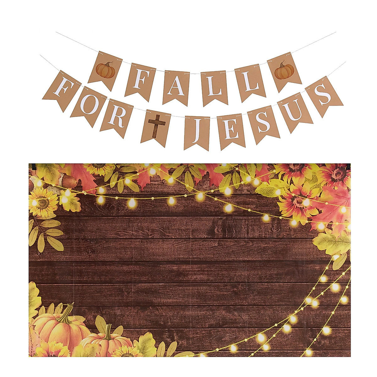 Funnytree Fall for Jesus Decor Props Kit - a 5.9 x 3.6 FT Backdrop/Cards/Ribbon - Party Supply Set for Photo Booth Background