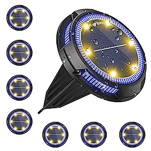 AsperX Solar Ground Lights, 8 Packs, IP65 Waterproof LED In-Ground Lights, Solar Outdoor Patio Lights, Disk Landscape Lights for Pathway, Yard, Garden, Deck, Driveway Lawn (Warm White+Blue)
