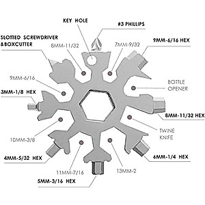 18-in-1 Snowflake Multi Tool, Stainless Steel Snowflake Bottle Opener/Flat Phillips Screwdriver Kit/Wrench, Durable and Portable to Take, Great Christmas gift(Standard, Stainless Steel). (Silver)