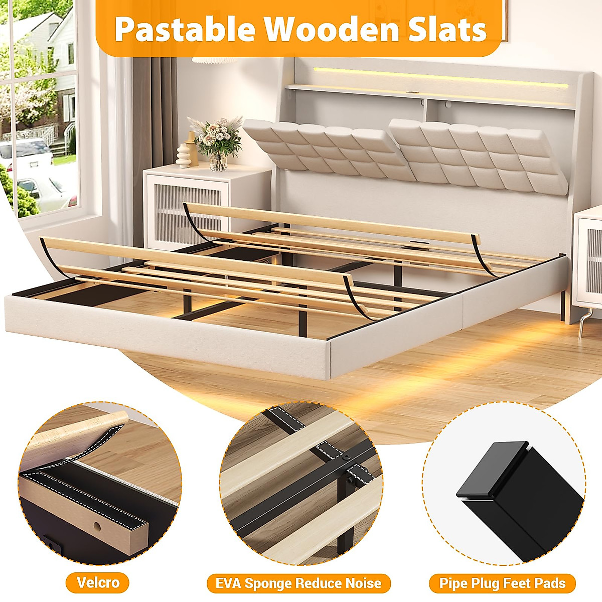 Zevemomo Floating Queen Bed Frame with Storage, Upholstered Platform Bed Frame Queen with LED Lights, Floating Bed Frame with Headboard, Charging Station with USB Ports, Noiseless, White