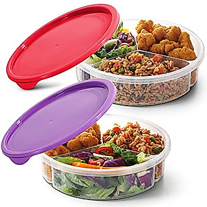 Zilpoo 2 Pack - 3 Compartment Round Plastic Food Storage Container with Lid, Divided Kids Lunch Box, Candy and Nut Serving tray w/ Cover, Keto Snack Plate, Arts, Crafts Organizer Holder, 7-Inch