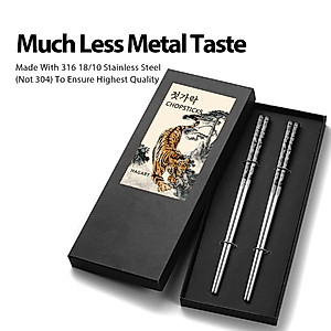 Hagary Tiger Chopsticks Metal Chopsticks Reusable Designed In Korea Japanese Style Stainless Steel 316 18/10 Non-Slip Dishwasher Safe Laser Etched (Black - 2 Pairs)
