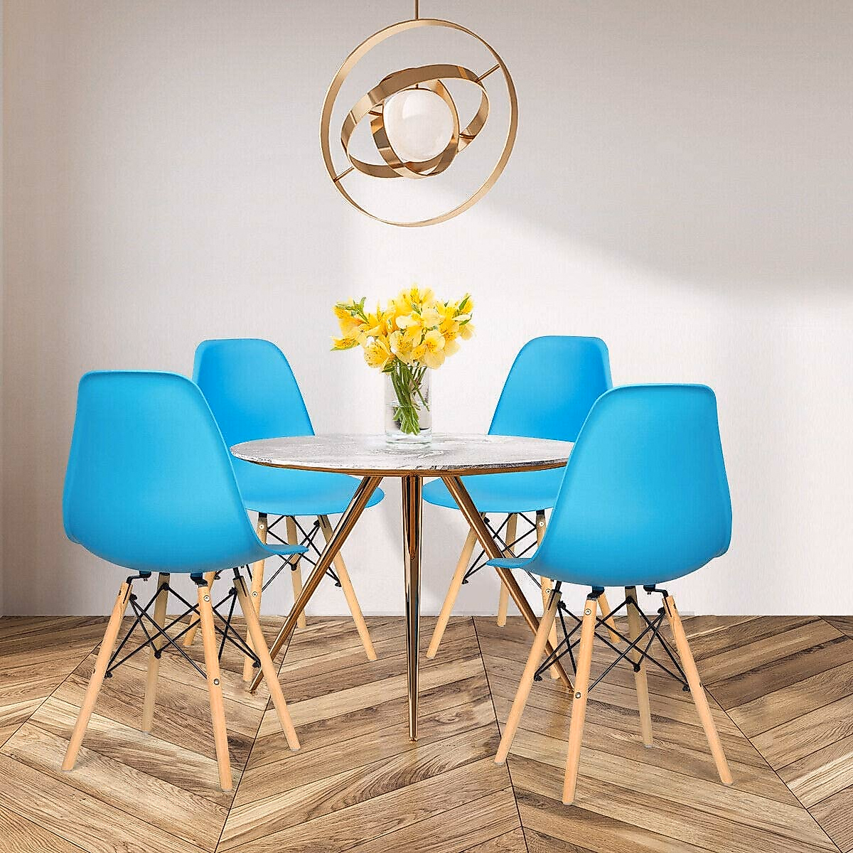 HAPPYGRILL DSW Chairs Set of 4, Pre Assembled Dining Chairs with Wood Legs Plastic Seat, Armless Kitchen Chairs Shell Lounge for Dining Living Room