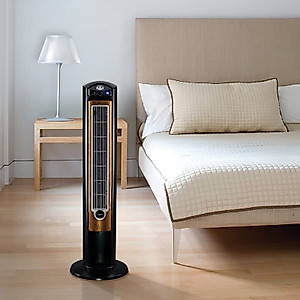 Lasko Wind Curve Tower Fan 42" with 3-Speed Sleep Mode and Remote Control, Black/Woodgrain, Ideal for Home and Office - T42050 (Renewed)