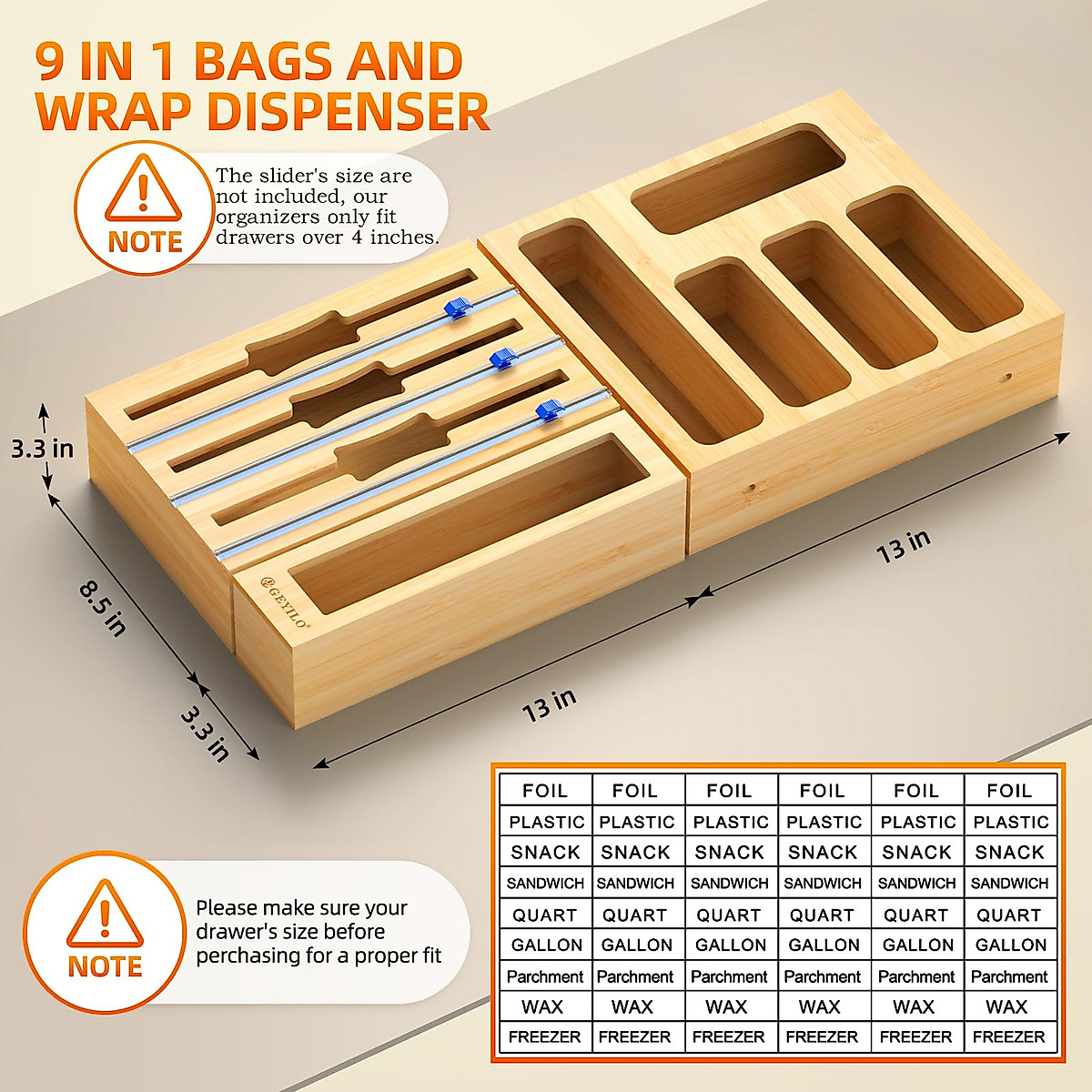 9 IN 1 Storage Bag Organizer for Kitchen Drawer, Bamboo Foil and Plastic Wrap with Cutter, Kitchen Organizers and Storage, Compatible with Gallon, Quart, Sandwich and Snack Variety Size Bag