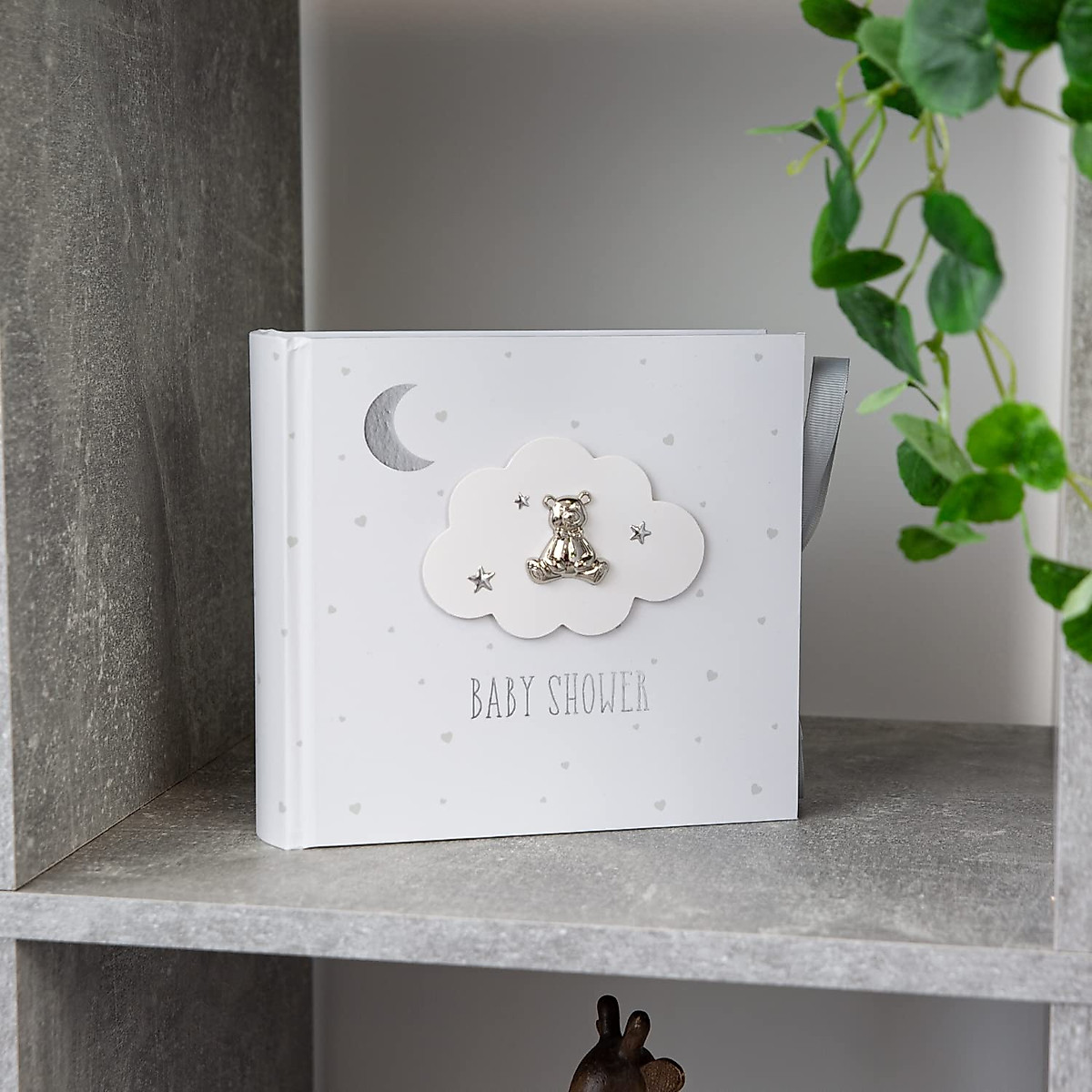 Happy Homewares Beautiful Ivory White Baby Shower Photo Album with Silver Plated Teddy Bear and Stars | Holds 80 Photos | Luxurious Grey Fabric Ribbon