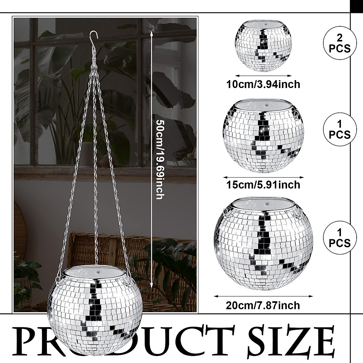 4 Set Disco Ball Planter Disco Ball Hanging Planter with Extra Long Chain Silver Disco Ball Hanger Planter Disco Ball Vase Boho Decor for Home Room Patio Decoration Gift (8", 6", 2 Pcs 4")