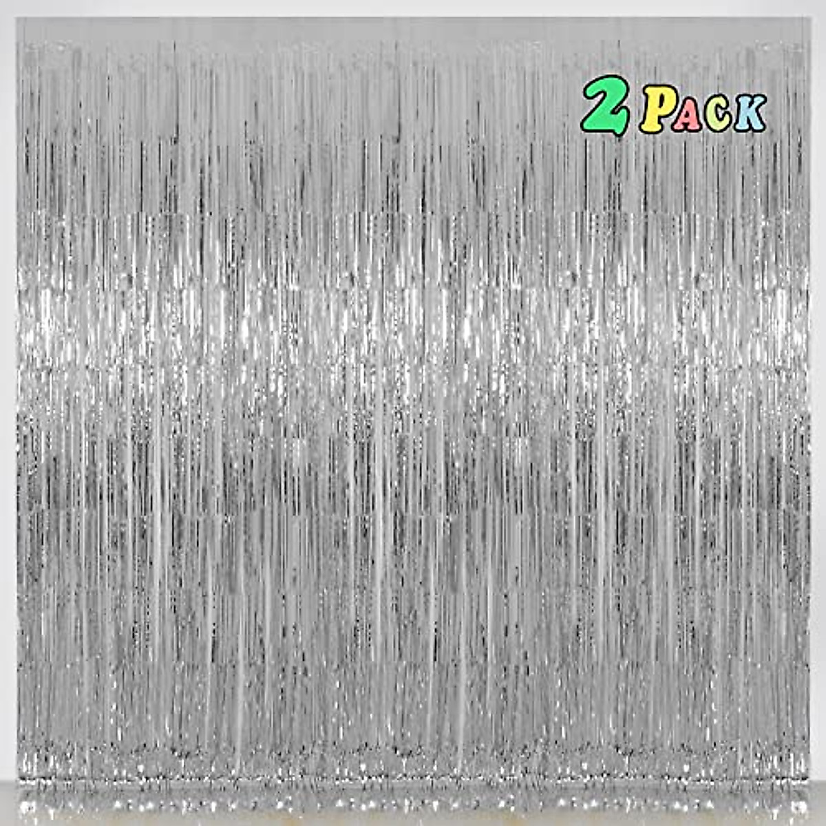 Silver Backdrop Curtains for Parties, Melsan 3.2 x 8 ft Foil Fringe Curtains Backdrop for Birthday,Engagement,New Year Eve, Disco Party Backdrop Decorations, Pack of 2