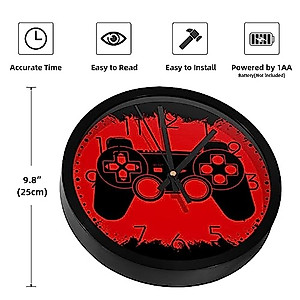 Game Joystick on Red Grunge Background Non-Ticking Wall Clocks, Battery Operated Silent Wall Clock for Bedroom Living Kitchen Office Home Art Decor