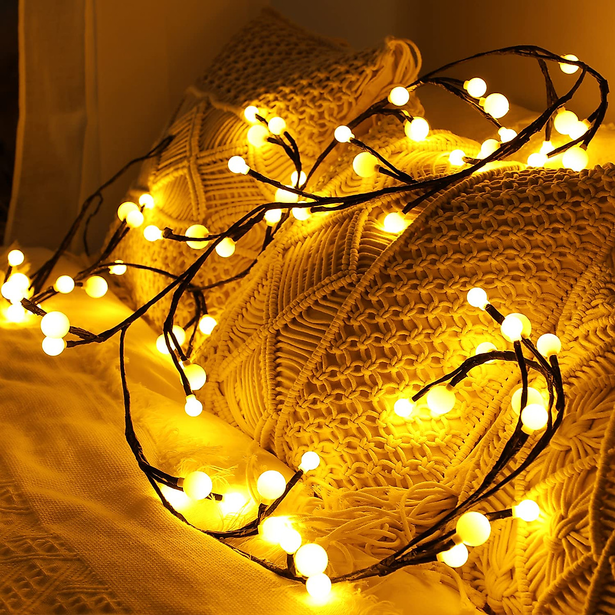 Curtain Lights Indoor Outdoor, 8.3ft 8 Modes 72 Led Globe String Lights Plug in, Window Lights for Patio Garden Wedding Party Bookshelf, Christmas Decorations, Warm White