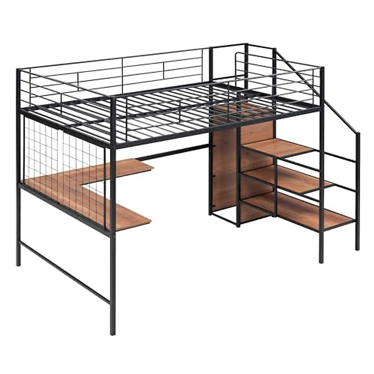 ATY Full Size Loft Bed with L-Shaped Desk and Wardrobe &Storage Shelves, Stairway Metal Bedframe w/Grid, Save Space Design, for Bedroom, Dorm, No Spring Need Required, Black
