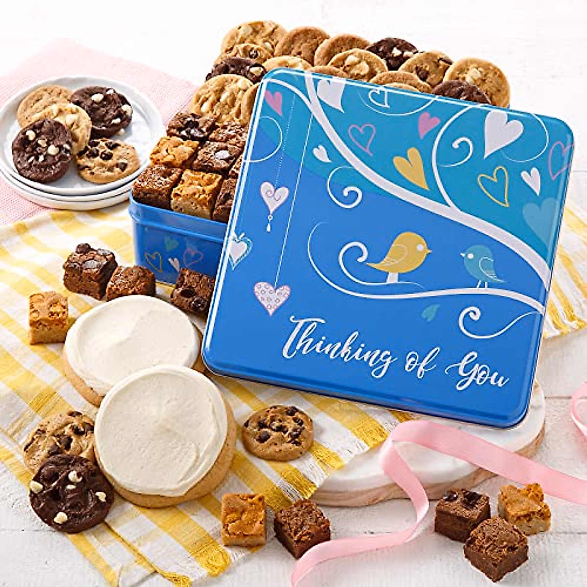 Mrs. Fields - Thinking of You Combo Gift Tin, Assorted with 24 Nibblers Bite-Sized Cookies, 3 Brownie Bars and 2 Frosted Round Cookies (29 count)