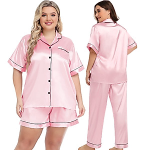 SWOMOG Silk Satin Pajama Set for Plus Size Women Button-Down Loose Bride Pajamas Pink Sleepwear and Loungewear Set 24W