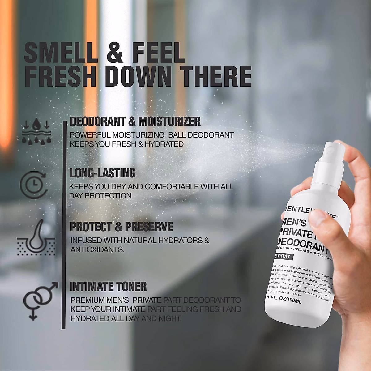 Gentlehomme - Men’s Private Parts Deodorant - Anti-Chaffing Balls Spray - Hydrating & Refreshing - Toner & Moisturizer - With Aloe Vera & Witch Hazel - All Skin Types - Vegan -Amber Leather Scent -4oz