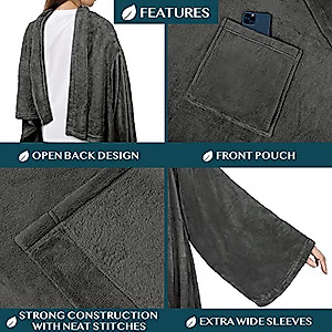 PAVILIA Premium Fleece Blanket with Sleeves for Women Men Adult, Wearable Blanket Warm Cozy, Super Soft Sleeved Throw with Arm, Gift for Women Mom Wife (Charcoal, Regular Pocket)
