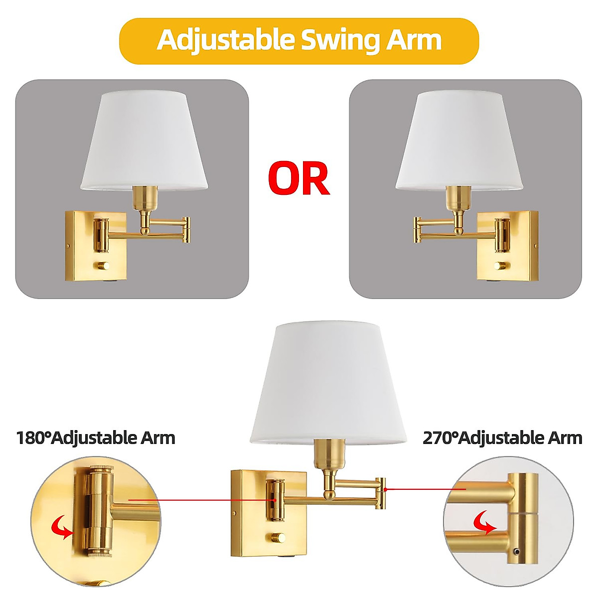 Affsure Bedside Wall Mount Light with Dimmable Switch, Swing Arm Fabric Shade Wall Sconce Light with USB Port and Plug in Cord, Gold Wall Lamp for Bedroom, Living Room and Hotel