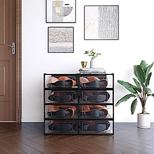 PARANTA 12-Piece Boot Shoe Storage Box, Stackable Clear Plastic Shoe Organizer with Clear Door for Storing Shoes, Black 20.5" x 12.5" x 5.5"