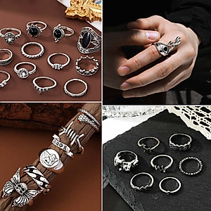 26 PCS Vintage Silver Goth Ring Set for Women Punk Boho Stackable Finger Knuckle Ring Pack Gothic Chunky Aesthetic Grunge adjustable Animal Devil Skull Angel Crying Eye Emo Retro Sparkle Crystal Rings