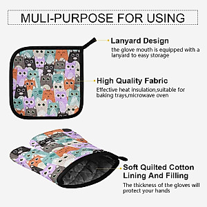 Oven Mitts Pot Holders Sets - Cute Cats for Kids Oven Gloves Hot Pads Non-Slip Potholders for Kitchen Cooking Baking BBQ