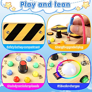 POLKRANE Busy Board with LED Light,Montessori Toys with Toggle Switch,Travel Toys and Wooden Toy for Educational Toddler Activities for 1 2 3 4 Year Old Boys & Girls (Rainbow)