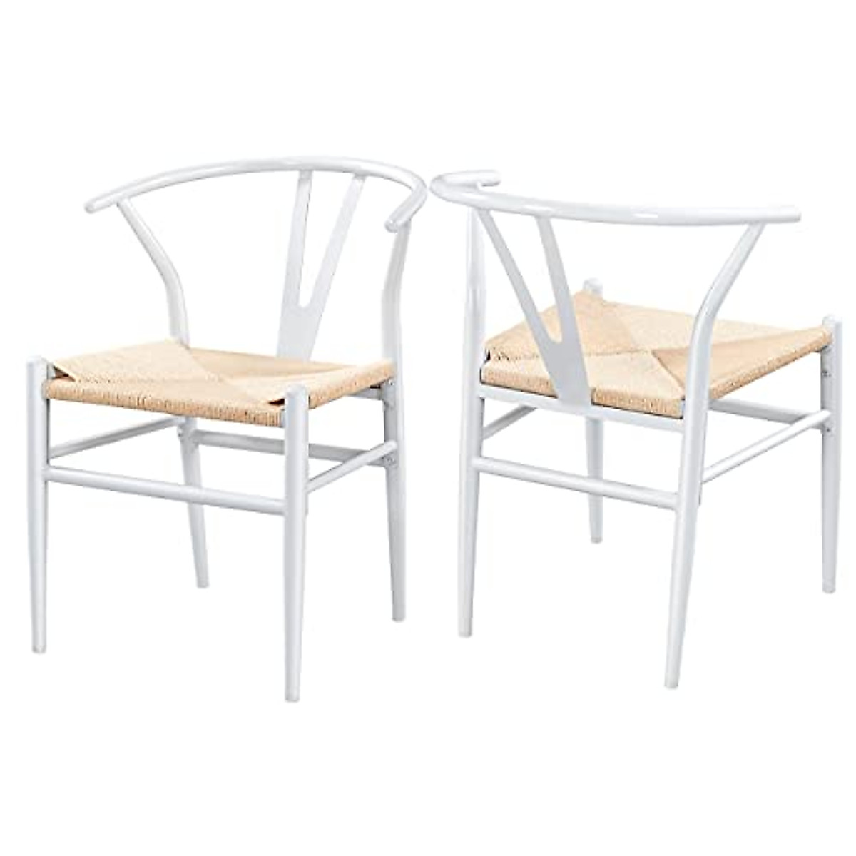 Yaheetech Set of 2 Weave Chair Mid-Century Metal Dining Chair Y-Shaped Backrest Hemp Seat, White