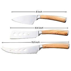 3 Piece Cheese Knife Set for Charcuterie Board, Olive Wood Stainless Steel Cheese Knives, Perfect for Hard and Soft Cheese Slicer and Cutter
