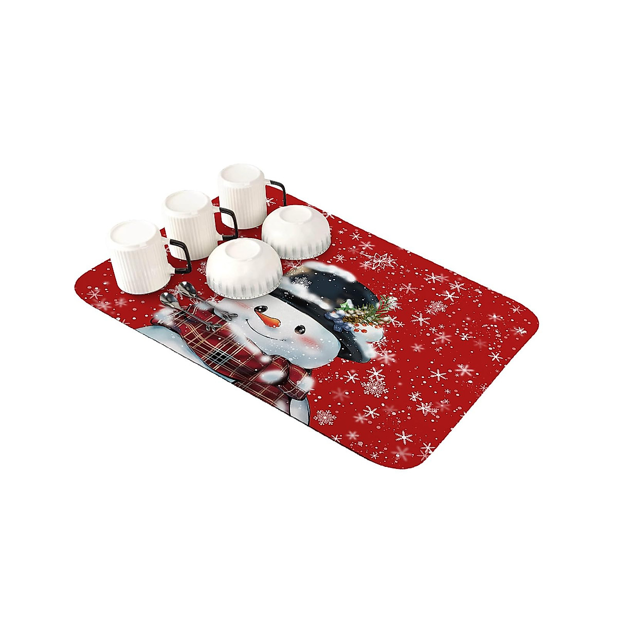Red Snowman Dish Drying Mat for Kitchen Counter, Absorbent Quick Dry Coffee Bar Mat Pad Thin Diatomaceous Sink Mat Non Slip Dish Drainer Mat 16''x24'' Winter Christmas Buffalo Plaid Berry Watercolor