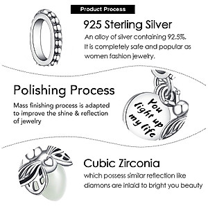 VALGACLS Glow-in-the-dark Firefly Dangle Charm Firefly Charms Glowworm Charms Fire Beetle Charms 925 Sterling Silver Charms for Bracelets Necklace Jewelry Gift for Women