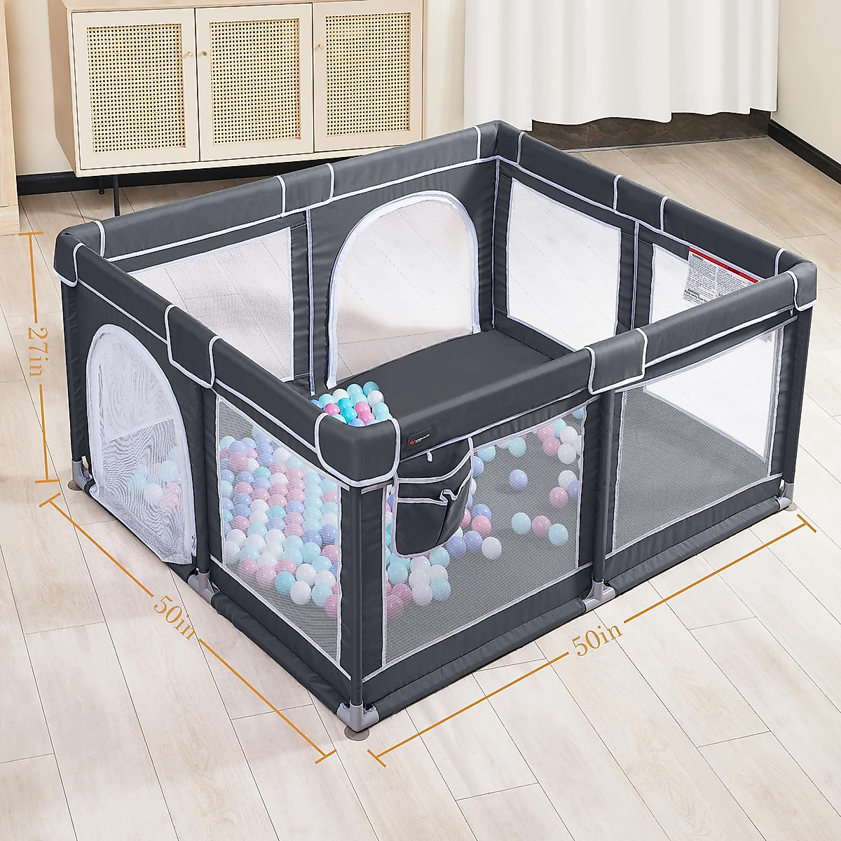 ANGELBLISS Baby Playpen, Extra Large Playard, Indoor & Outdoor Kids Activity Center with Anti-Slip Base, Sturdy Safety Play Yard with Breathable Mesh, Kid's Fence for Toddlers (Dark Grey, 50x50)