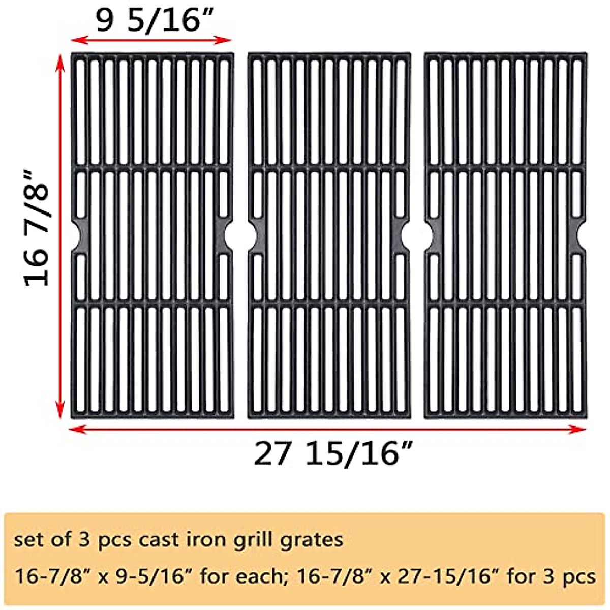 GasSaf Grill Grates Replace for Charbroil 463420508, 463420509, 463420511 463436213 463436214 463440109, Master Chef, Thermos, Backyard and Others Grills, 16 7/8" Cast Iron Grill Grates(Set of 3)
