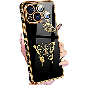 Petitian for iPhone 14 Plus Case, Cute Women Girls Gold Butterflies Designed for iPhone 14 Plus Phone Cases, Girly Gold Plating Phone Cover for 14 Plus with Camera Protection Black