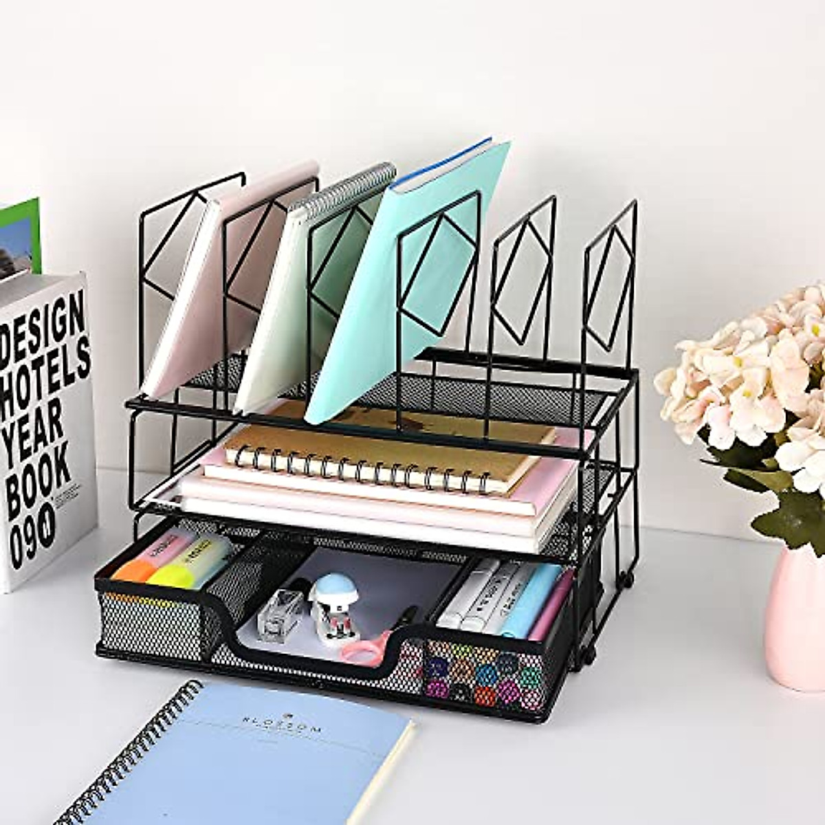 gianotter Desk Organizers and Accessories, Office Supplies Desk Organizer with Sliding Drawer, Double Tray and 5 Upright Sections (Black)