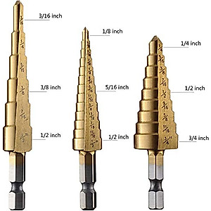 Yakamoz 3PCS High Speed Steel HSS Titanium Step Drill Bit Set Quick-Change 1/4" Hex Shank SAE - Total 28 Sizes