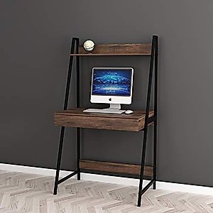 2-tier Home Office Computer Laptop Desk with Drawer , Nutmeg Brown Finish Black Frame