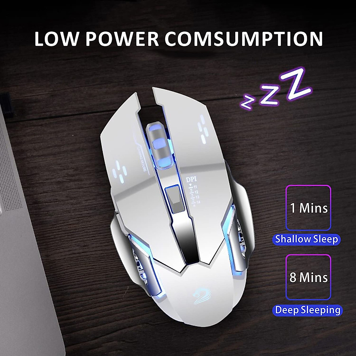 Uciefy Q85 Rechargeable Wireless Gaming Mouse, 2.4G LED Optical Silent Wireless Computer Mouse with 4 LED Light, 3 Adjustable DPI, Ergonomic Design, Auto Sleeping (Silver)