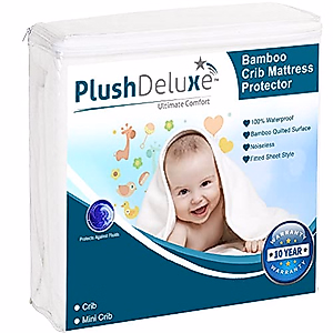 Crib Mattress Protector Waterproof – Bamboo Quilted Ultra Soft White Terry Fitted Sheet Style (Crib)