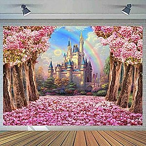 Dreamy Castle Backdrop 8x6ft Pink Sweet Sakura Flowers Tree Washable Polyester Photography Background Wedding Birthday Party Photo Studio Props YL068