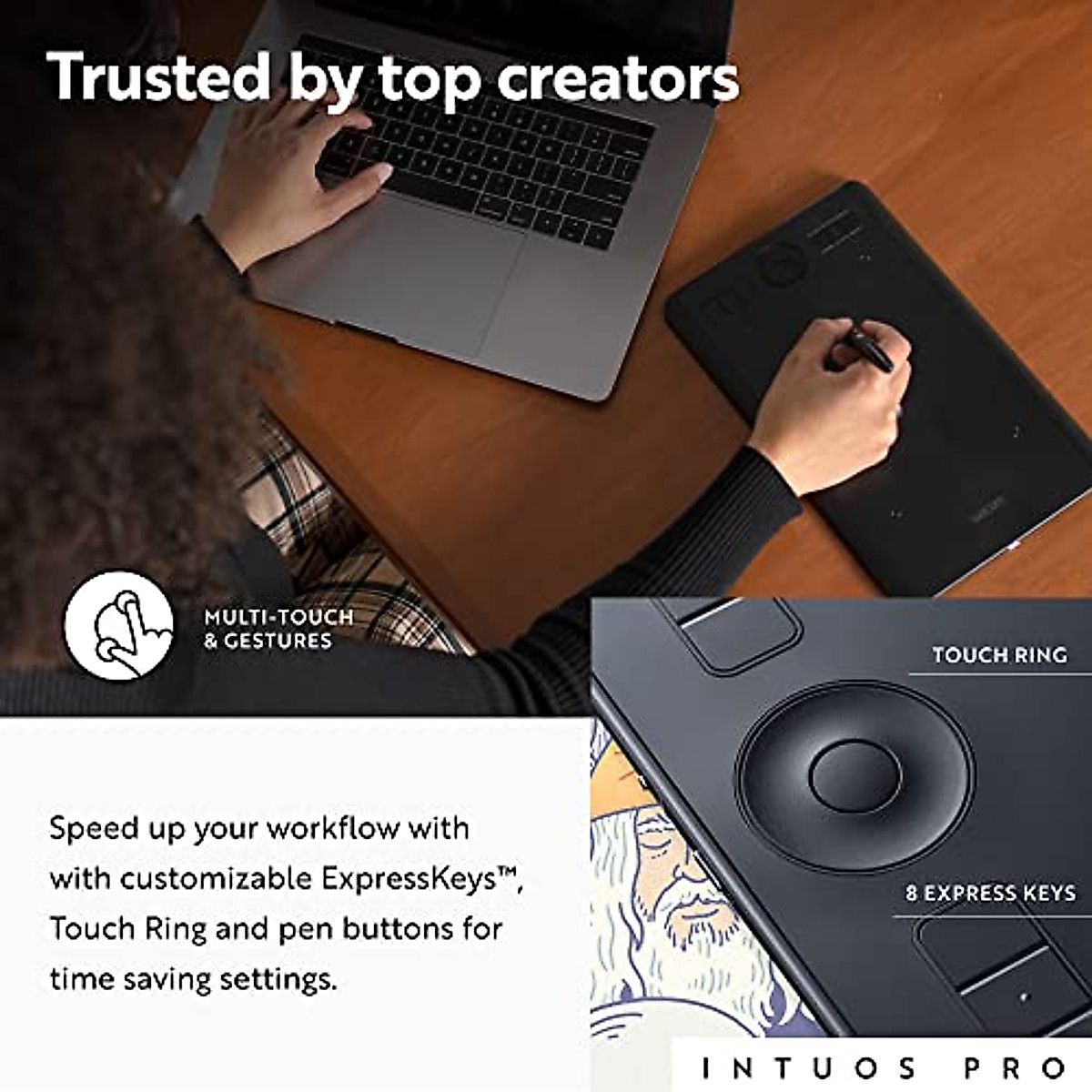 Wacom Intuos Pro Medium Bluetooth Graphics Drawing Tablet, 8 Customizable ExpressKeys, 8192 Pressure Sensitive Pro Pen 2 Included, Compatible with Mac OS and Windows,Black