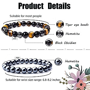 WAINIS 10PCS 8mm Black Hematite Magnetic Bead Therapy Bracelet For Men Women Stone Bracelet Stress Relieving Triple Protection Anxiety Relief Bracelet Jewelry