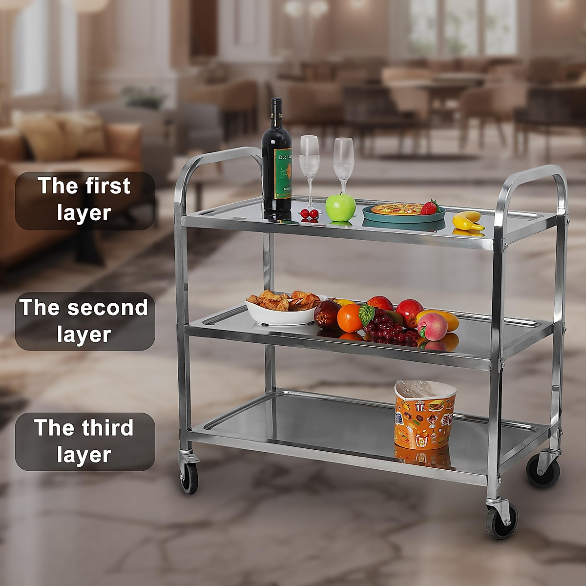 uyoyous Stainless Steel Utility Cart 37"x20"x37" 3-Tier Large Heavy Duty Industrial Serving cart with 360°Rotation Wheels Kitchen Island Stainless Steel Storage Trolley for Hotel Restaurant Home Use