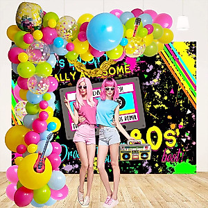 Back to 90S 80S Theme Party Balloons Backdrop Decorations， Party Supplies Foil Balloon Radio Guitar Microphone Disco Ball Colorful Balloons for Back to 90S 80S Party for Birthday Decorations