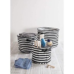 DII Laundry Storage Collection Cabana Stripe Collapsible and Waterproof Bins, Small Round, 9.5x8, Black, 2 Piece