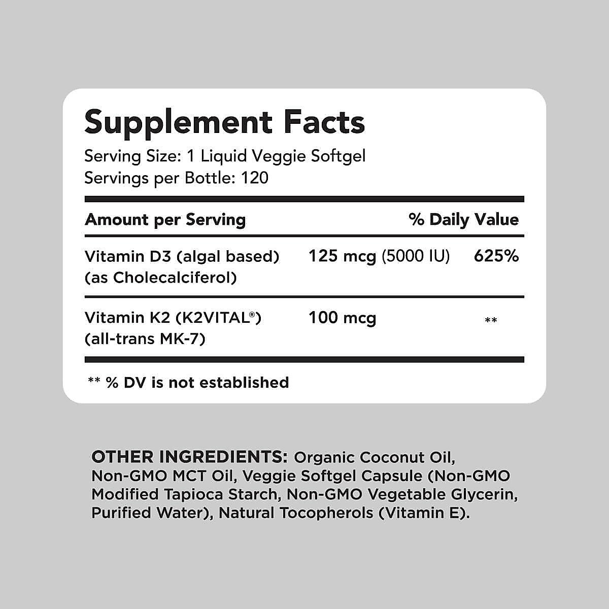 AMANDEAN Vegan Vitamin D3 K2. 5000 iu from Algae. All-Trans MK-7. 120 Softgels. Plant-Based & Carrageenan Free. Organic Coconut Oil Blend. for Mood, Bones, Heart, Teeth, Immune Health.
